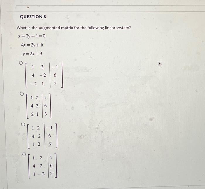 Solved What is the augmented matrix for the following linear | Chegg.com