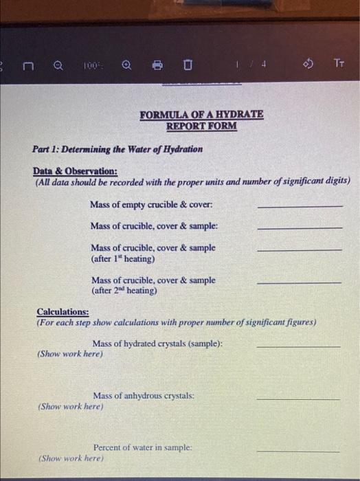 Solved Part 1: Determining the Water of Hydration Data \& | Chegg.com