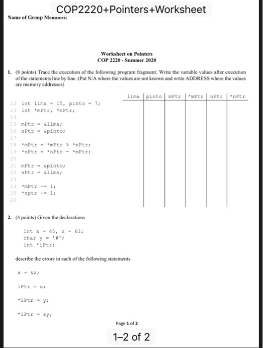 Solved COP2220+Pointers+Worksheet Name of Group Members: | Chegg.com