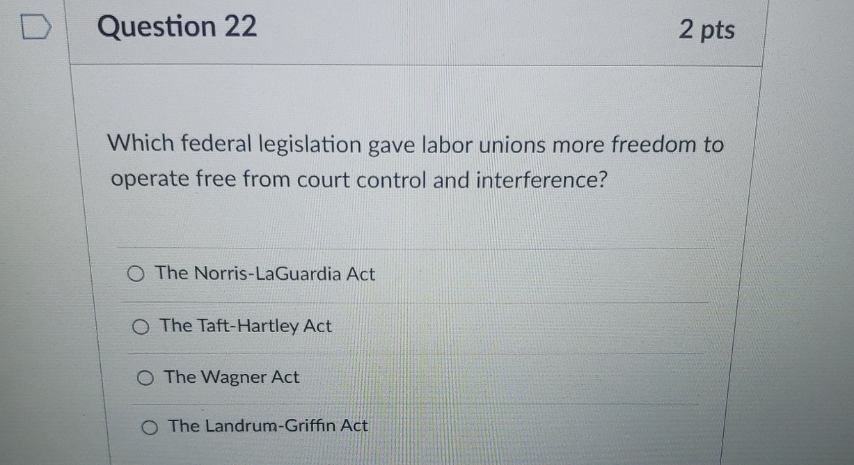 Solved Question 222 ﻿ptsWhich federal legislation gave labor | Chegg.com