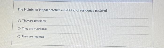 The Nyinba of Nepal practice what kind of residence | Chegg.com