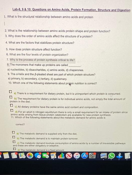 Solved Lab-8, 9 & 10: Questions on Amino Acids, Protein | Chegg.com
