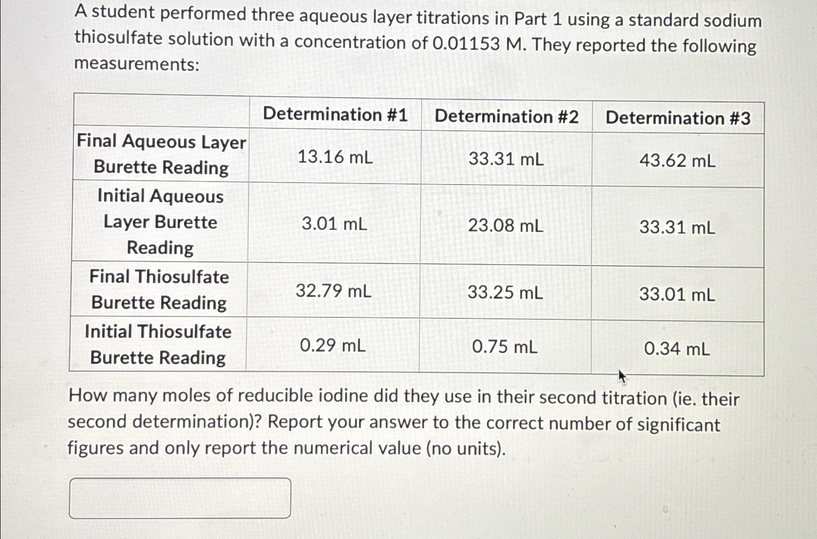 Solved A student performed three aqueous layer titrations in | Chegg.com