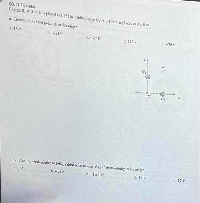 Solved Q3. (1.5 polnts) Charge Q1=20nC is placed at (0,5)m, | Chegg.com