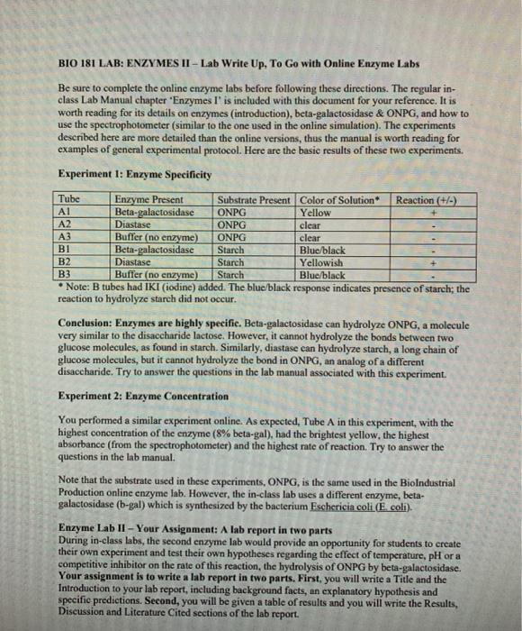 BIO 181 LAB: ENZYMES II - Lab Write Up, To Go with | Chegg.com