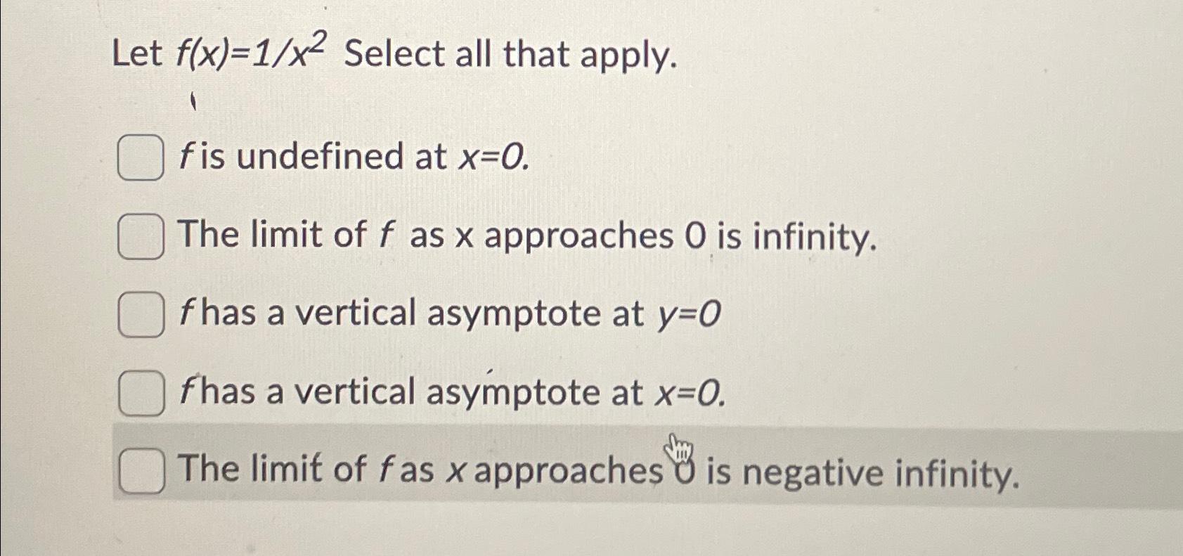 Solved Let f(x)=1x2 ﻿Select all that apply.f ﻿is undefined | Chegg.com