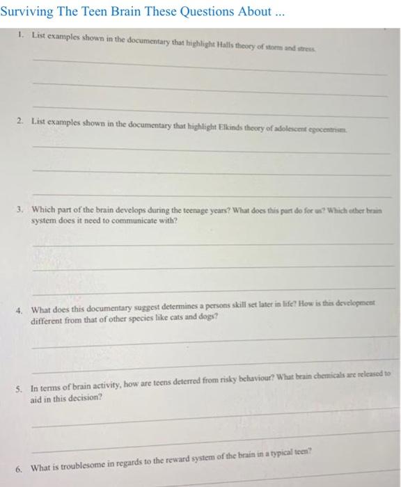 Solved Surviving The Teen Brain These Questions About ... 1. | Chegg.com