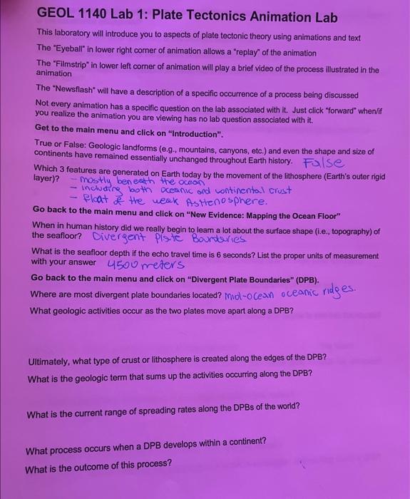 GEOL 1140 Lab 1: Plate Tectonics Animation Lab This | Chegg.com