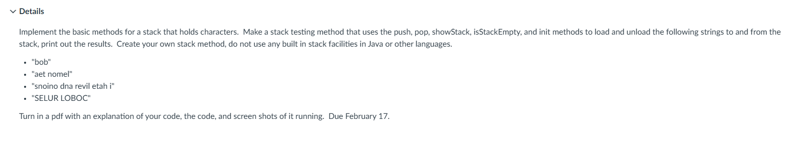 Solved Write in Java. Details stack, print out the results. | Chegg.com