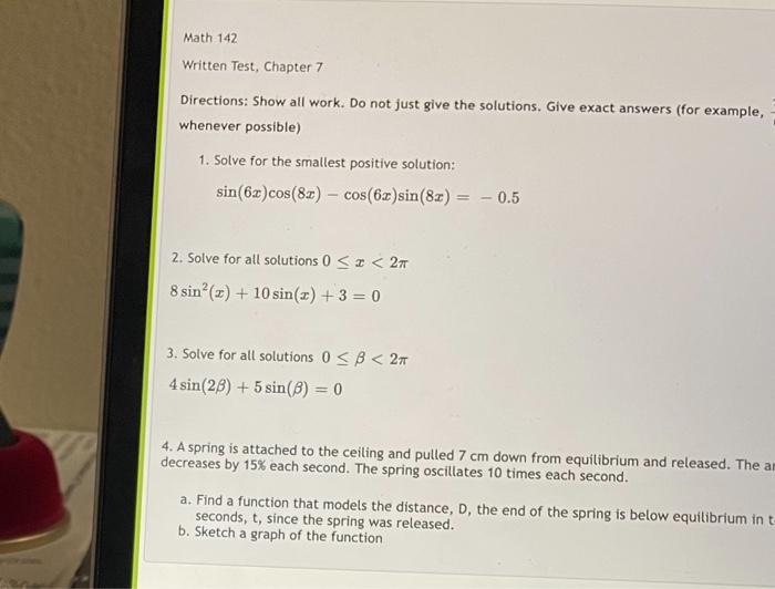 Solved Math 142 Written Test, Chapter 7 Directions: Show all | Chegg.com
