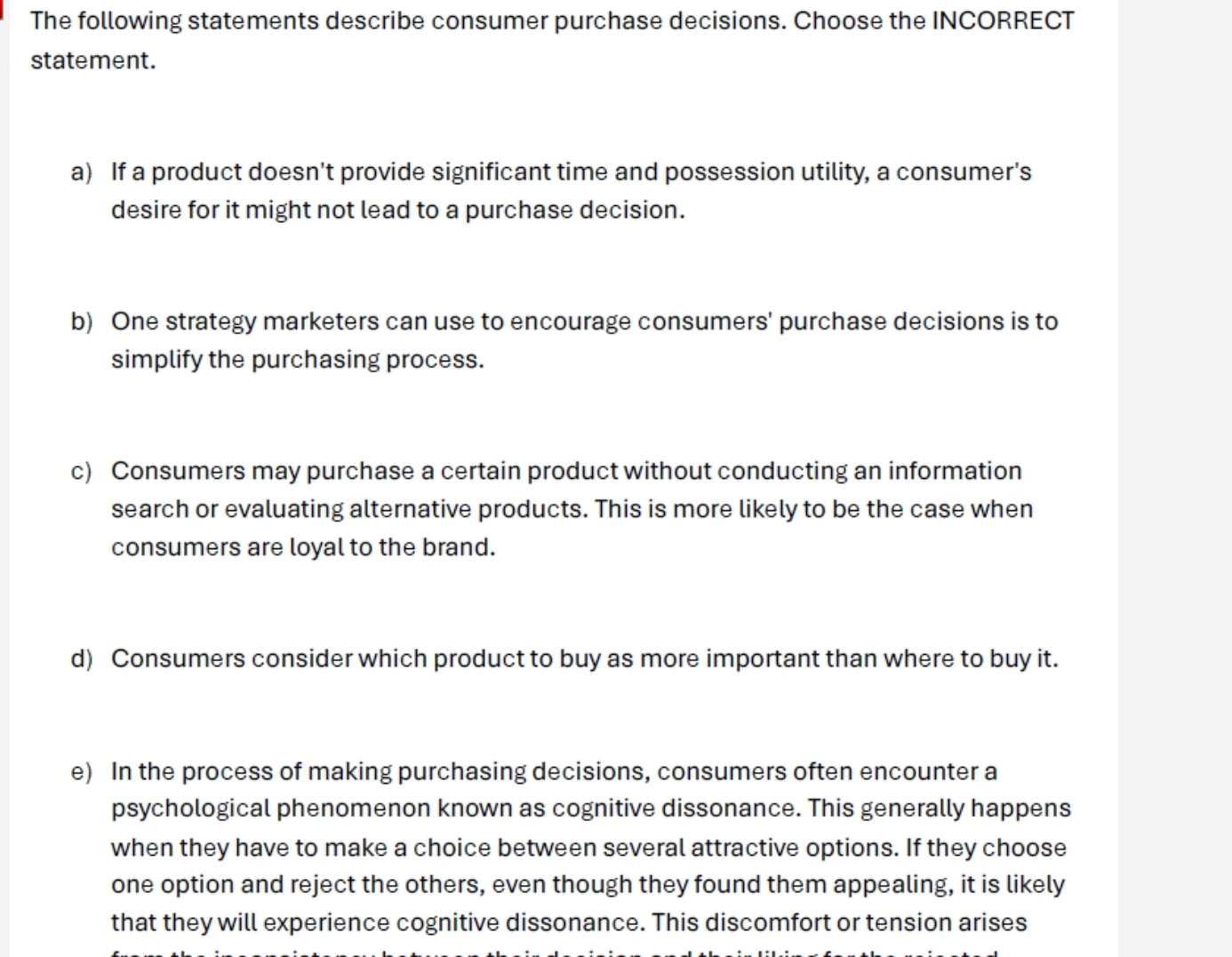 Solved The following statements describe consumer purchase | Chegg.com