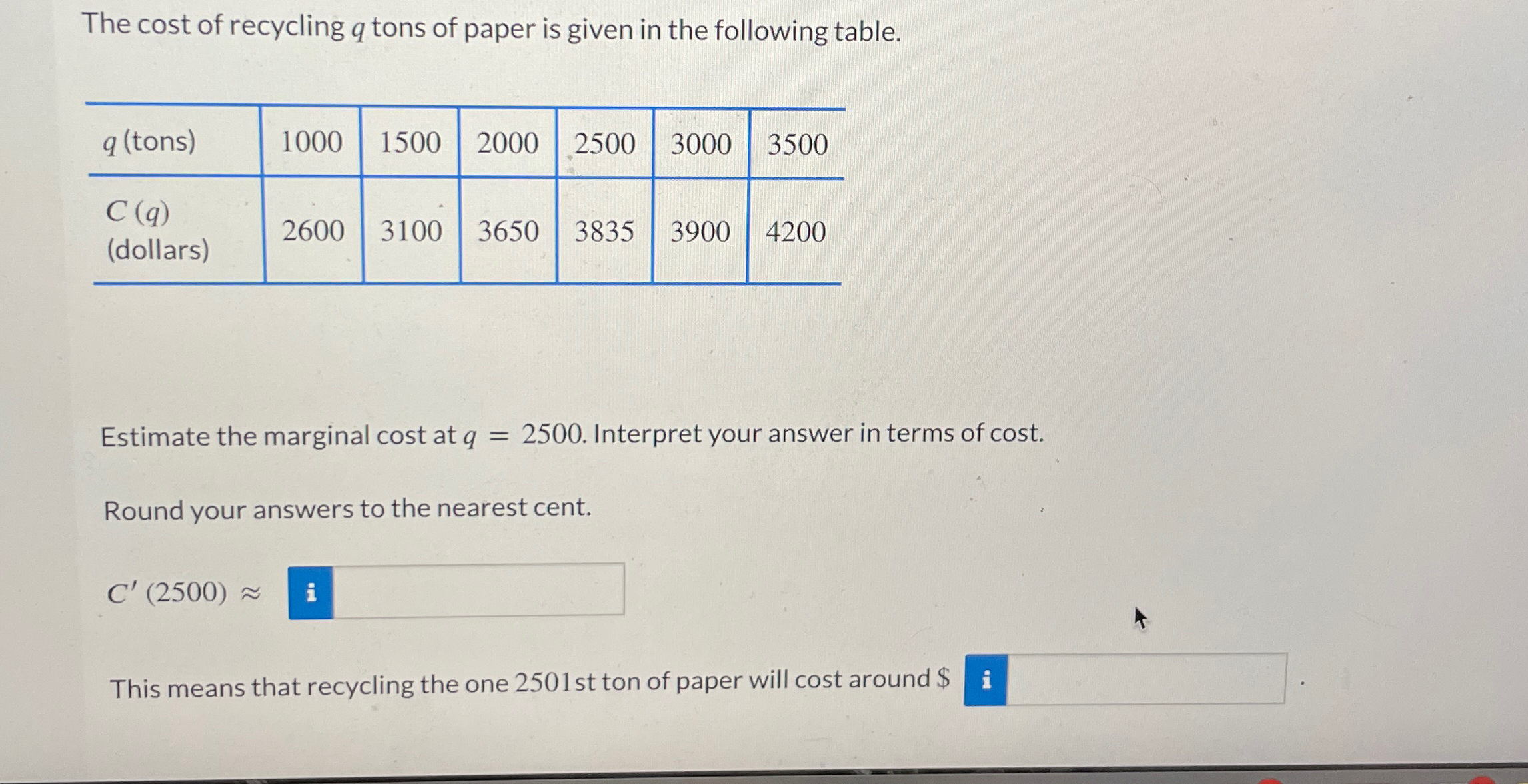 Solved The cost of recycling q ﻿tons of paper is given in | Chegg.com