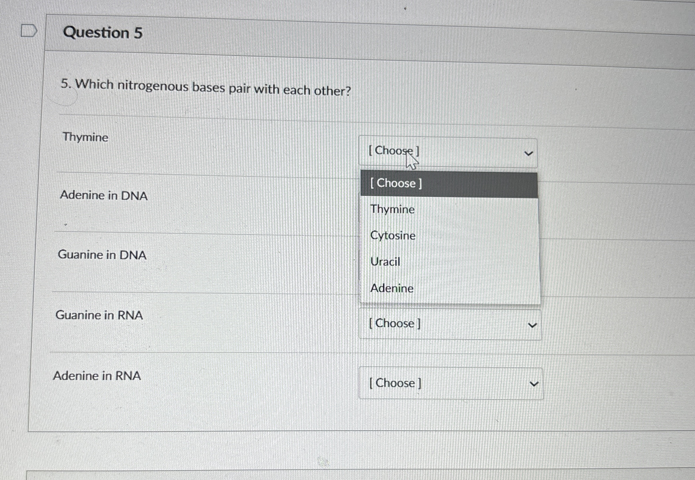 Solved Question 55. ﻿Which nitrogenous bases pair with each | Chegg.com