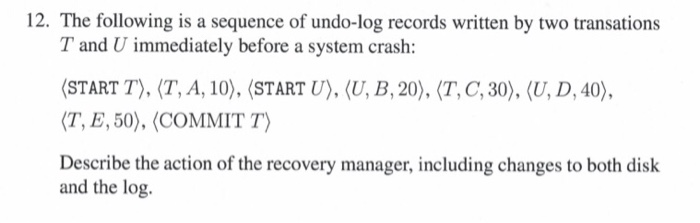 Solved 12. The following is a sequence of undo-log records | Chegg.com