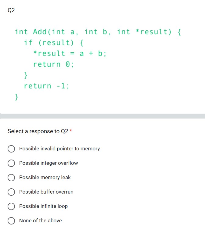 Solved ```int Add(int a, ﻿int b, ﻿int *result) { ﻿ if | Chegg.com