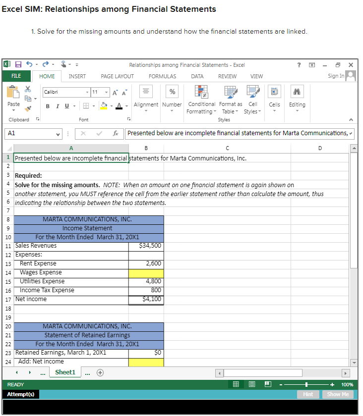 Solved Excel SIM: Relationships among Financial Statements | Chegg.com