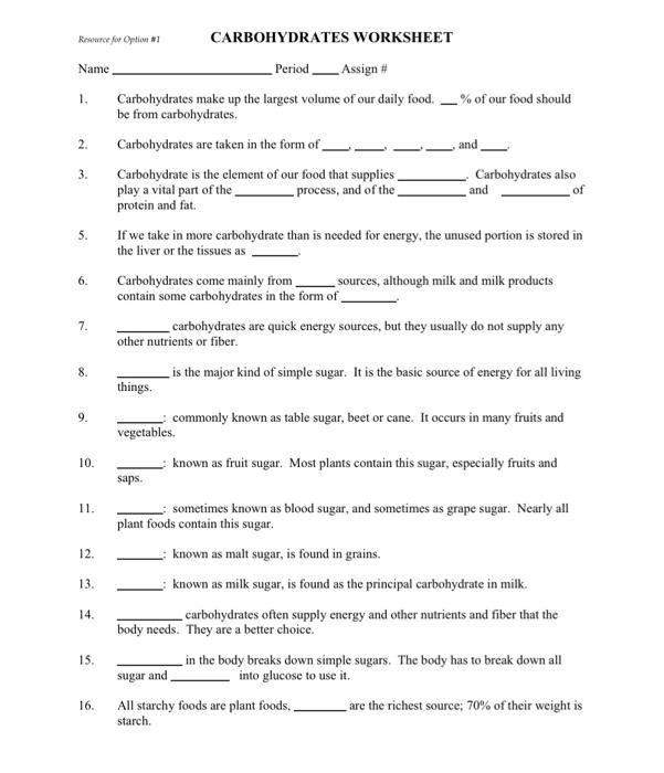 Solved Reware For Option 1 CARBOHYDRATES WORKSHEET Name 1 Chegg
