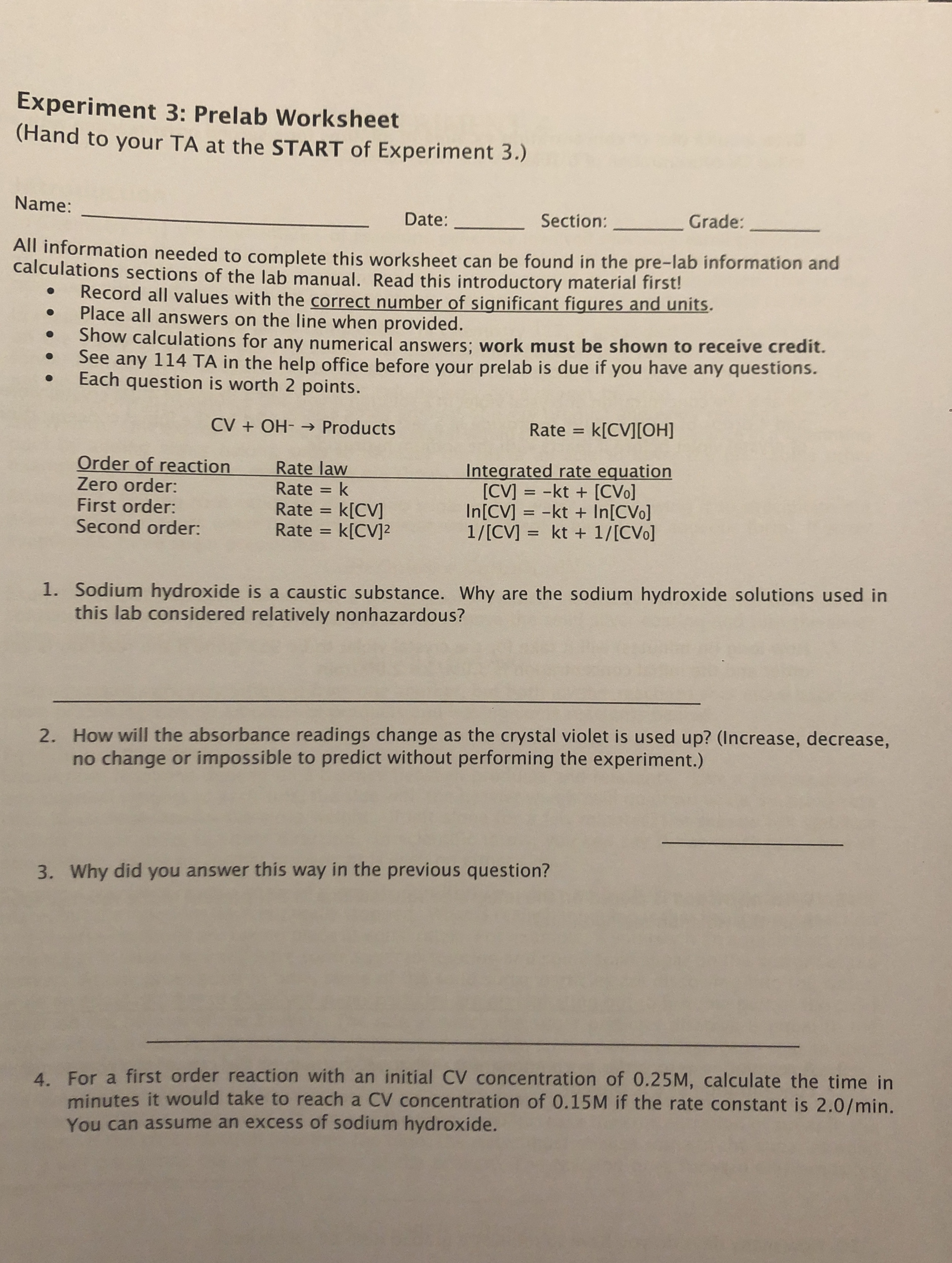 Solved Experiment 3: Prelab Worksheet(Hand to your TA at the | Chegg.com