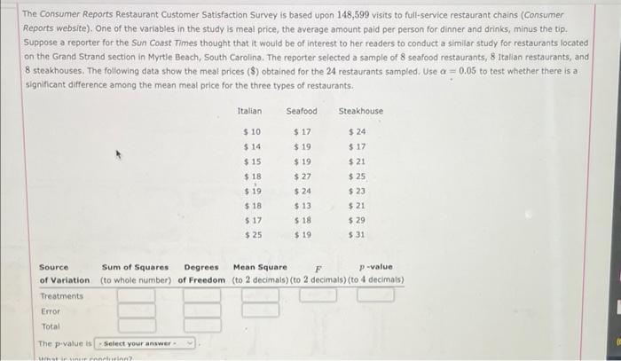 Solved The Consumer Reports Restaurant Customer Satisfaction | Chegg.com