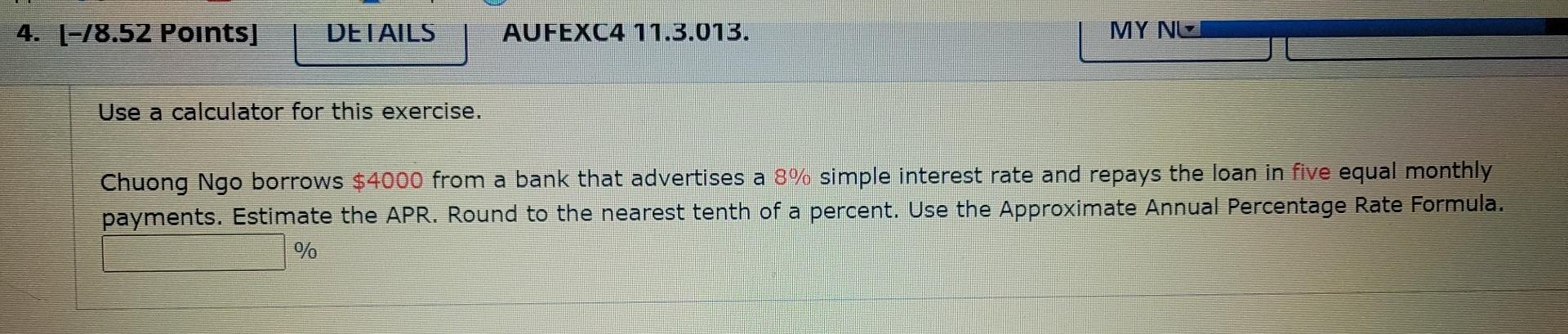 Solved 4. [-18.52 Points] DETAILS AUFEXC4 11.3.013. MY N| | Chegg.com