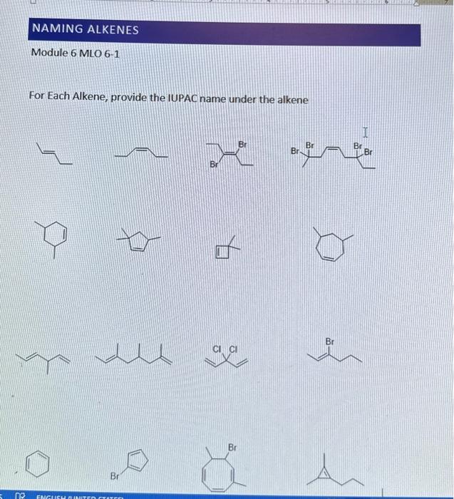 Solved For Each Alkene, provide the IUPAC name under the | Chegg.com