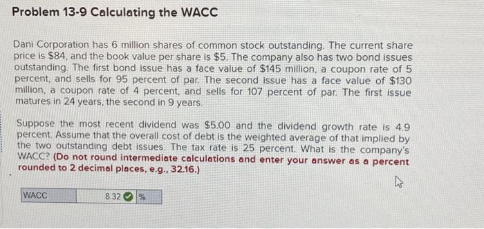 Solved Problem 13-9 Calculating the WACC Dani Corporation | Chegg.com