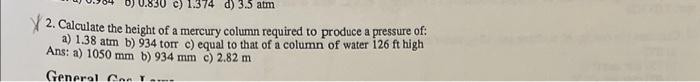 Solved 2. Calculate the height of a mercury column required | Chegg.com