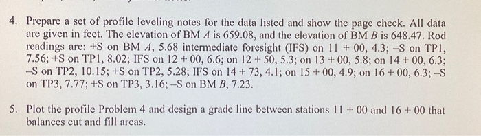 Solved 4. Prepare a set of profile leveling notes for the | Chegg.com