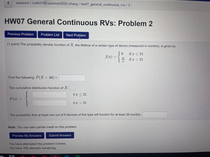 Solved HW07 General Continuous RVs: Problem 2 (1 point) The | Chegg.com