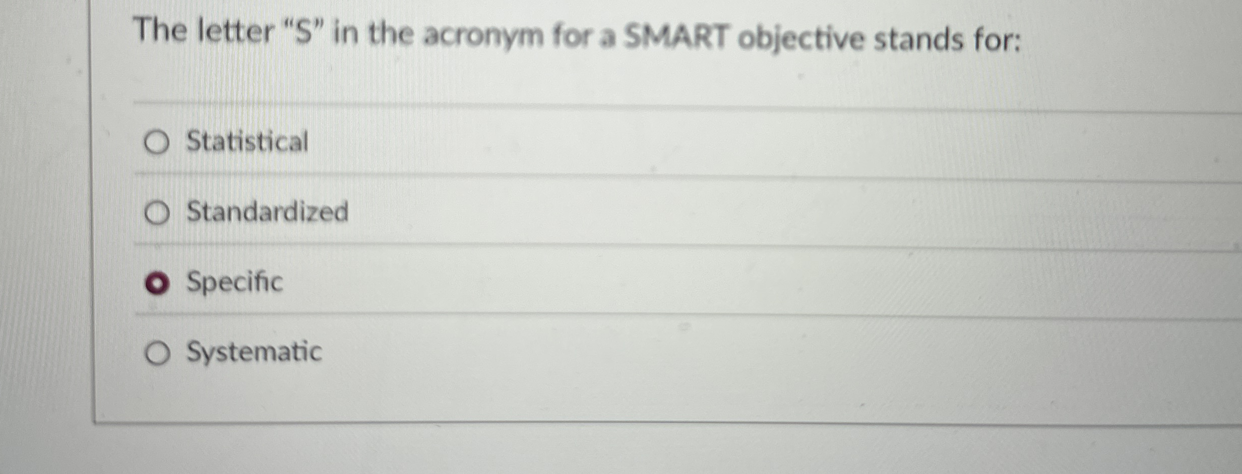 Solved The letter "S" ﻿in the acronym for a SMART objective | Chegg.com