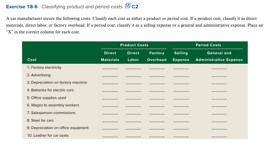 Solved Exercise 18-6 ﻿Classifying product and period costs | Chegg.com