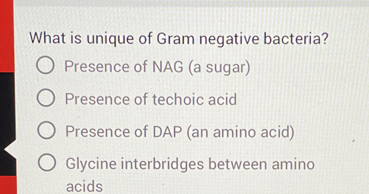 Solved What is unique of Gram negative bacteria?Presence of | Chegg.com