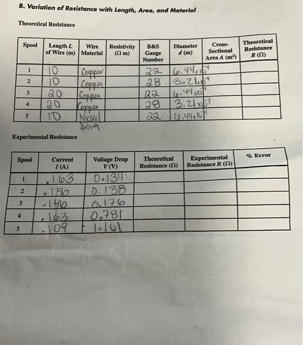 Solved B. Variation of Resistance with Length, Area, and | Chegg.com