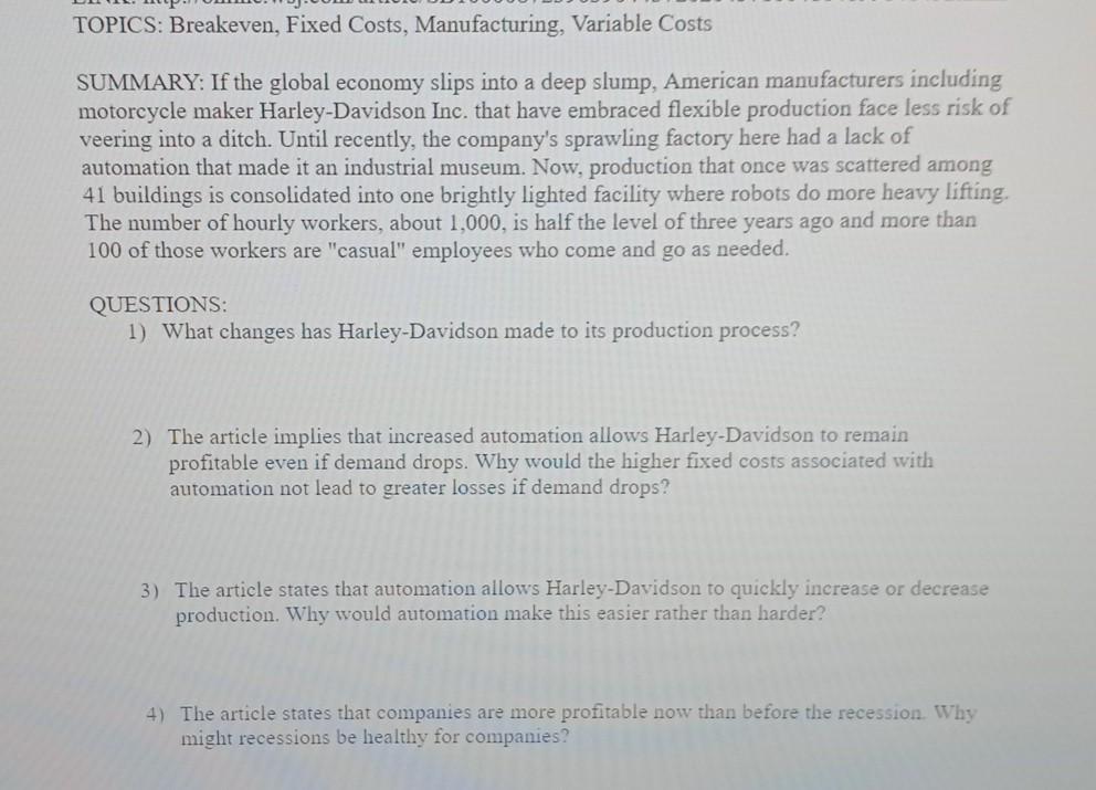 Solved TOPICS: Breakeven, Fixed Costs, Manufacturing, | Chegg.com