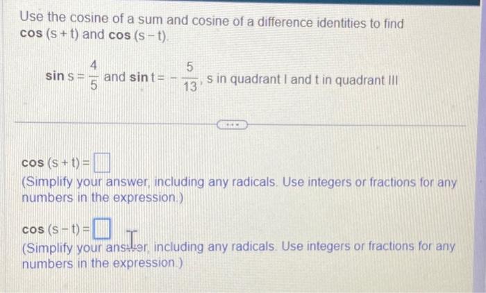 Solved Use the cosine of a sum and cosine of a difference | Chegg.com