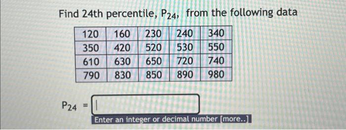 Solved Find 24th percentile, P24, from the following data | Chegg.com