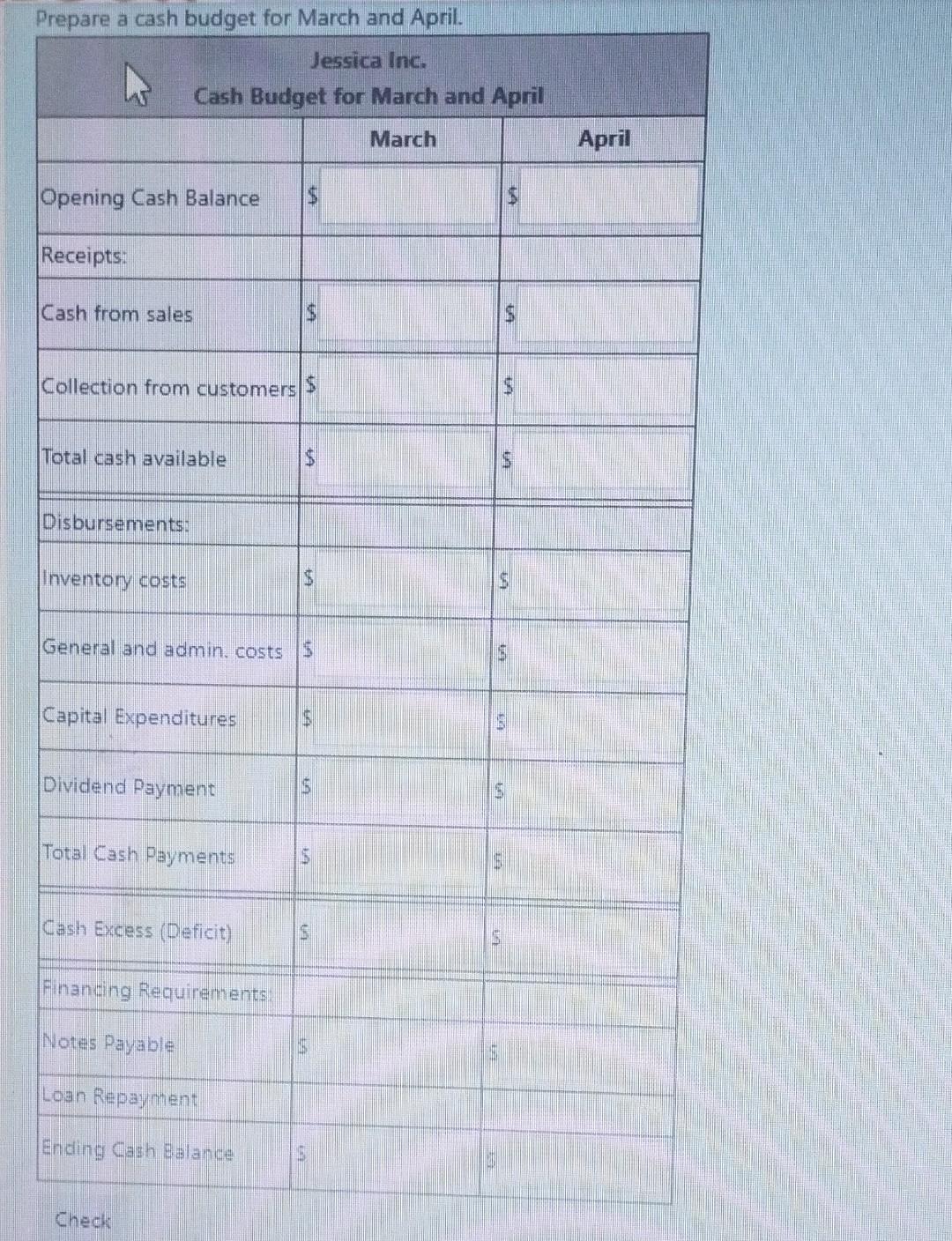 Solved Prepare a cash budget for March and April. Check | Chegg.com