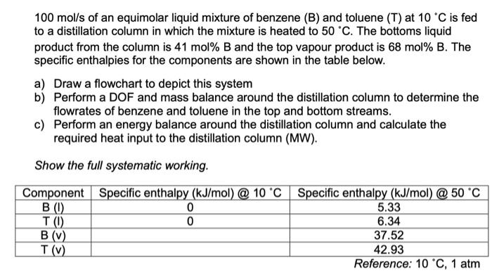 Solved 100 mol/s of an equimolar liquid mixture of benzene | Chegg.com