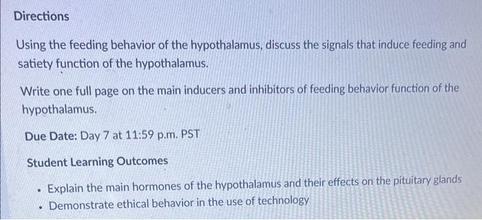 Solved Using The Feeding Behavior Of The Hypothalamus