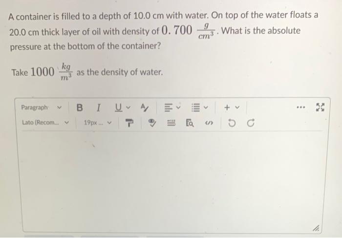 Solved A container is filled to a depth of 10.0 cm with | Chegg.com