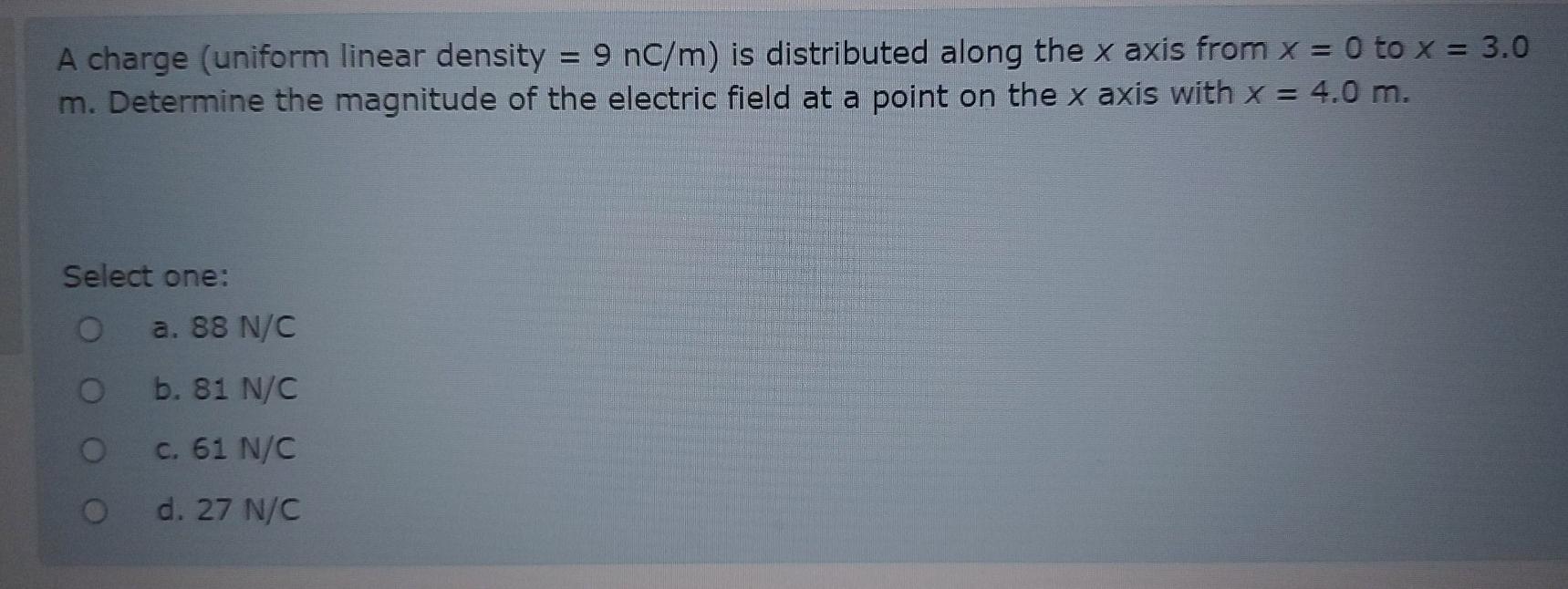Solved A charge (uniform linear density = 9 nC/m) is | Chegg.com