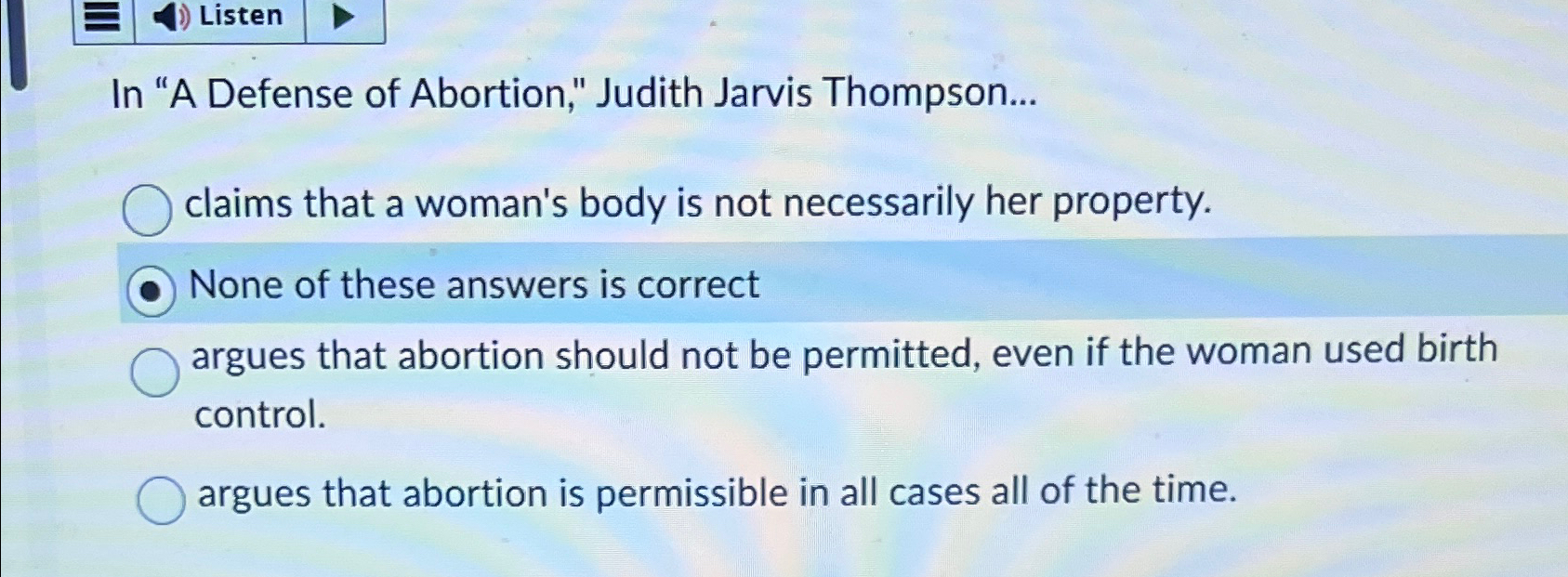 Solved ListenIn "A Defense of Abortion," Judith Jarvis | Chegg.com
