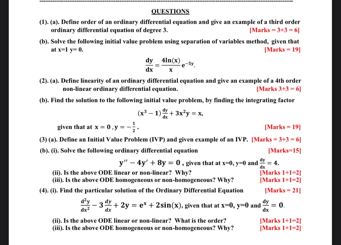 Solved OUESTIONS(1). (a). ﻿Define order of an ordinary | Chegg.com
