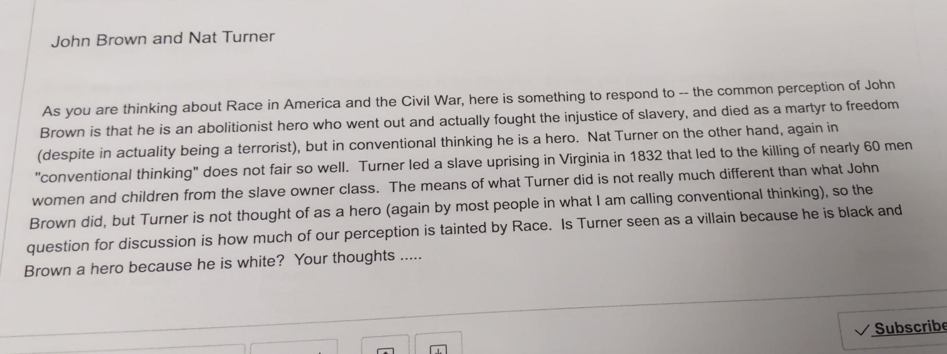 Solved John Brown and Nat Turner As you are thinking about | Chegg.com