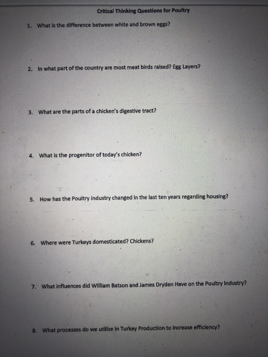Solved Critical Thinking Questions for Poultry 1. What is | Chegg.com