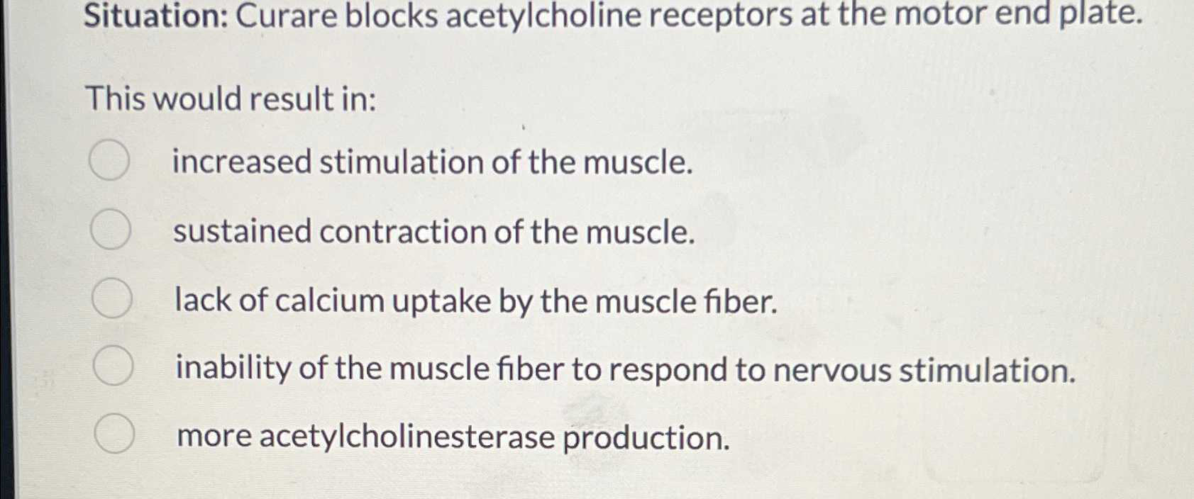 Solved Situation: Curare blocks acetylcholine receptors at | Chegg.com