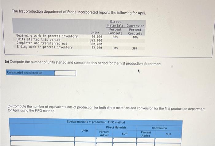 Solved The first production department of Stone Incorporated | Chegg.com