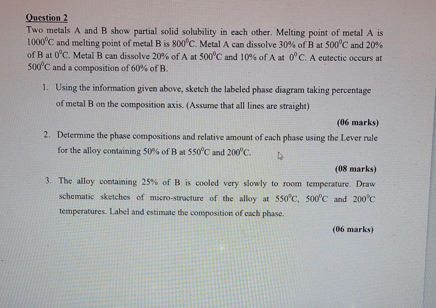 Solved Question 2 Two metals A and B show partial solid | Chegg.com