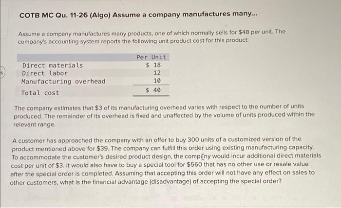 Solved COTB MC Qu. 11-26 (Algo) Assume a company | Chegg.com