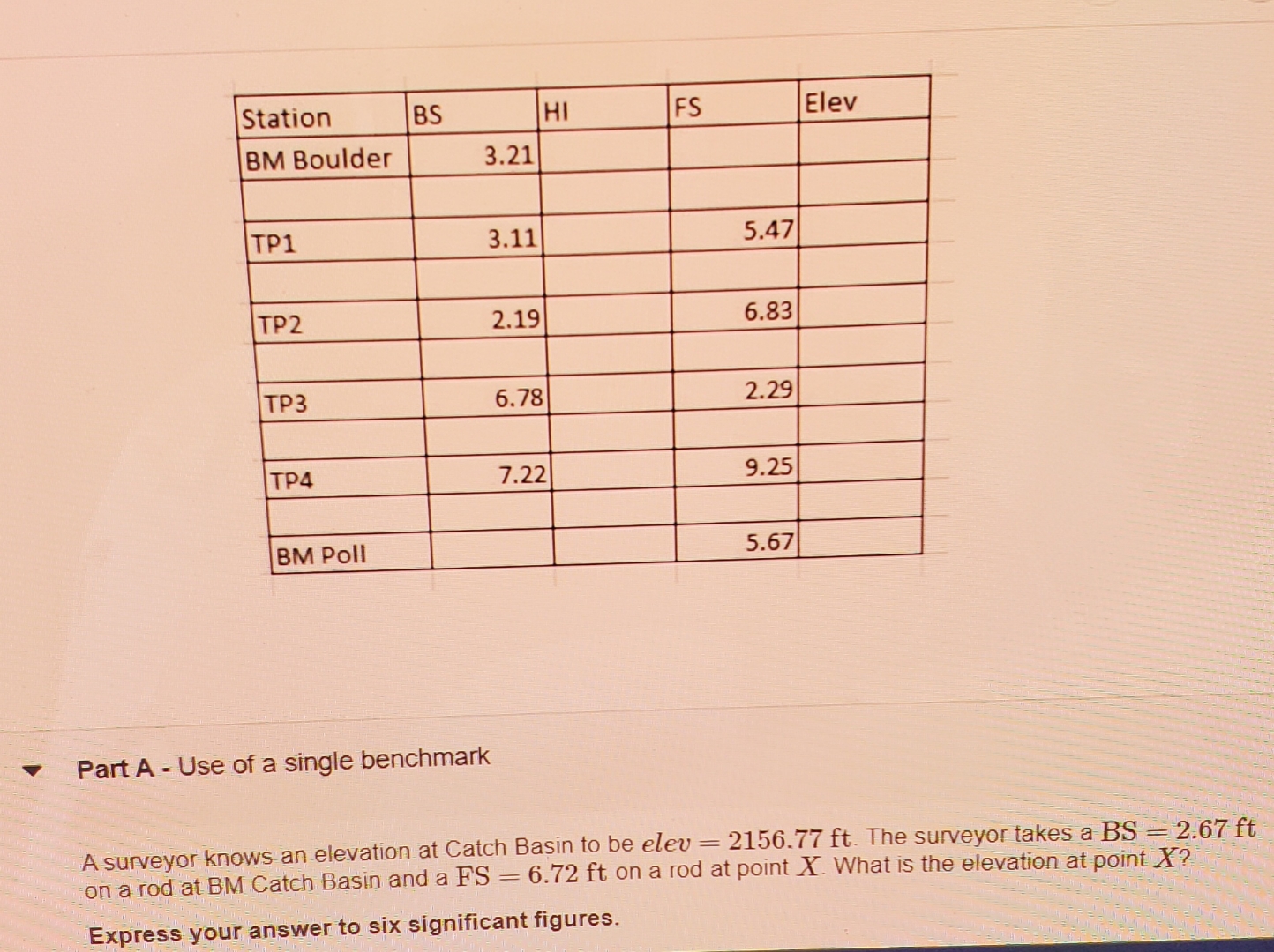 Solved \table[[Station,BS,HI,FS,Elev],[BM | Chegg.com